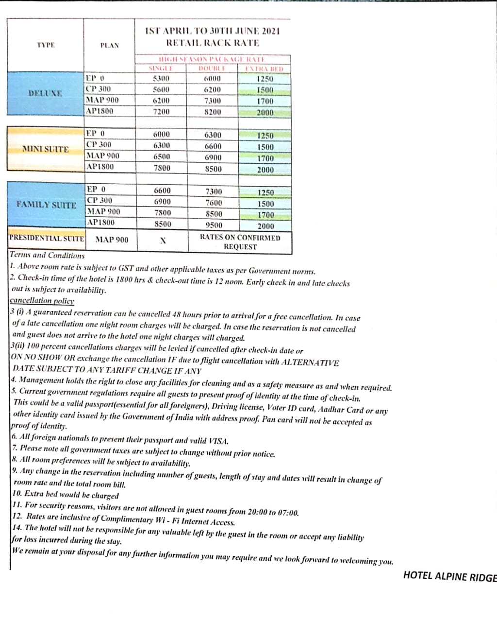 alpine-tariff | Hotel Alpine Ridge
