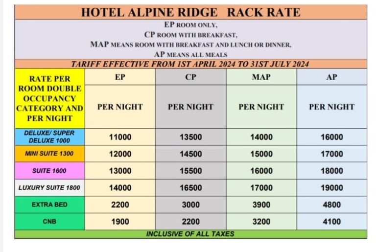 Tariff Card | Hotel Alpine Ridge